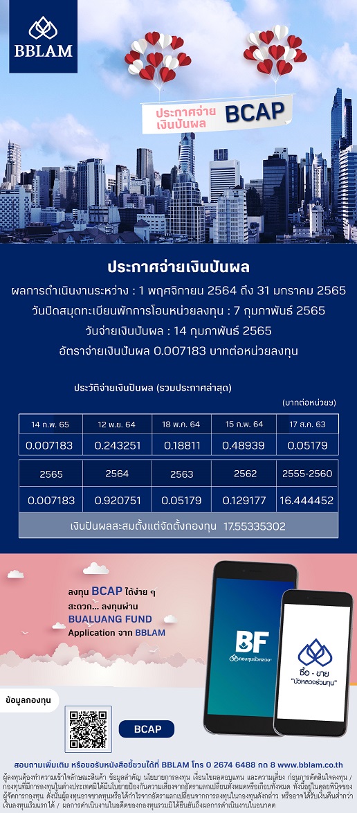 BBLAM ต้อนรับวาเลนไทน์ จ่ายปันผลกองทุน BCAP 0.007183 บาทต่อหน่วย ...